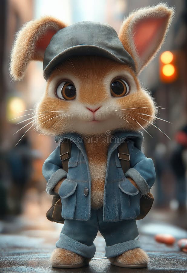 A Cartoon Bunny in a Cap on a Blurred Background. Stock Image - Image ...