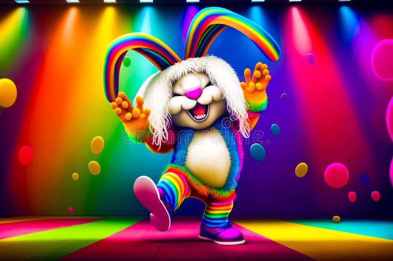 Cartoon Bunny Dancing on Stage with Rainbow Light in the Background ...