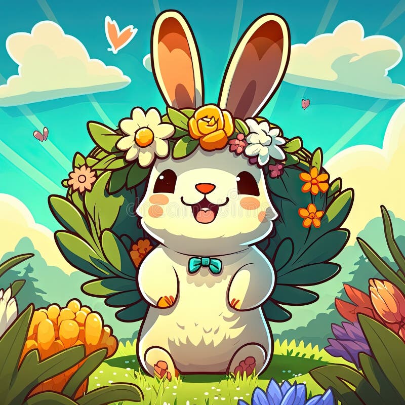 A Cartoon Bunny with a Flower Crown on Its Head Sitting in a Field ...