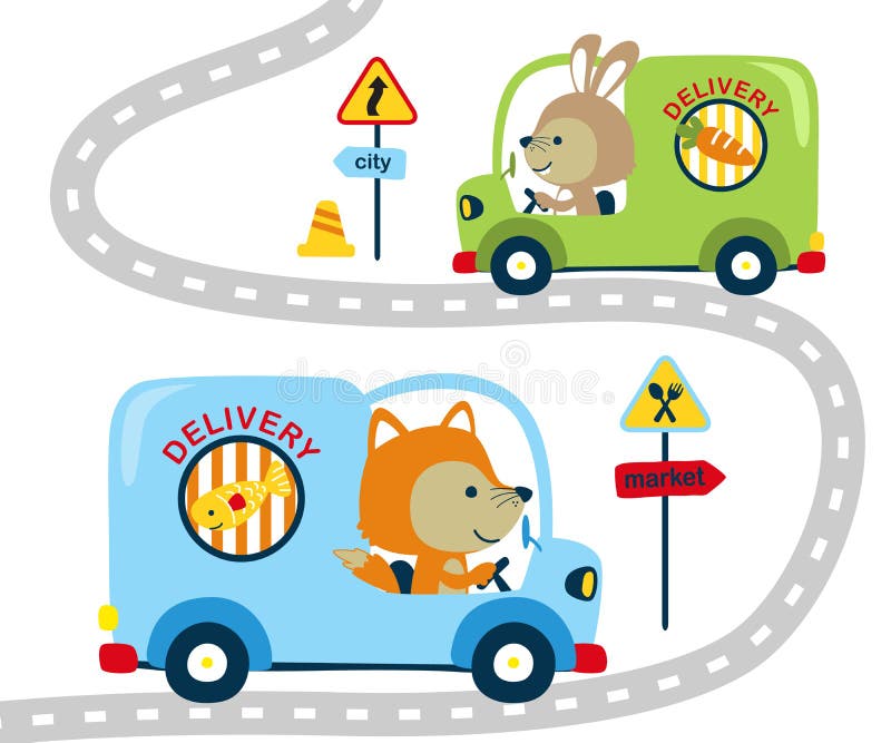 Cartoon of Bunny and Fox Driving Van Stock Vector - Illustration of ...