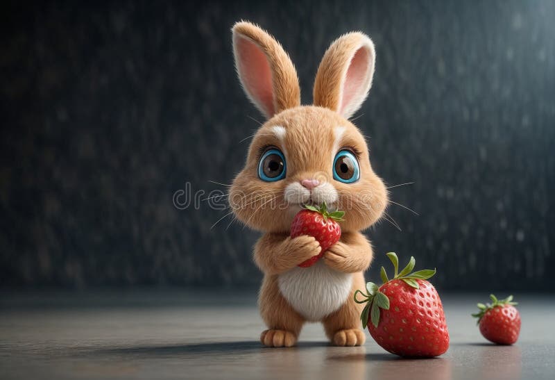 Cartoon Bunny Holding a Strawberry in Its Hands, 3d Render - Generated ...