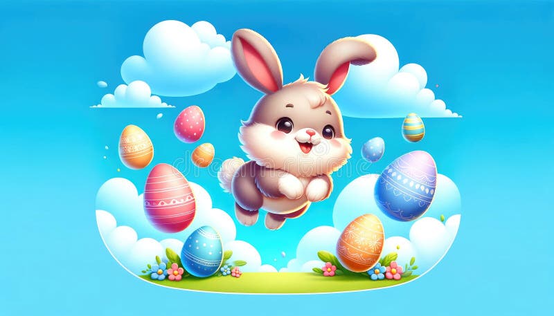 Cartoon Bunny Joyfully Leaping among Easter Eggs. Stock Photo - Image ...