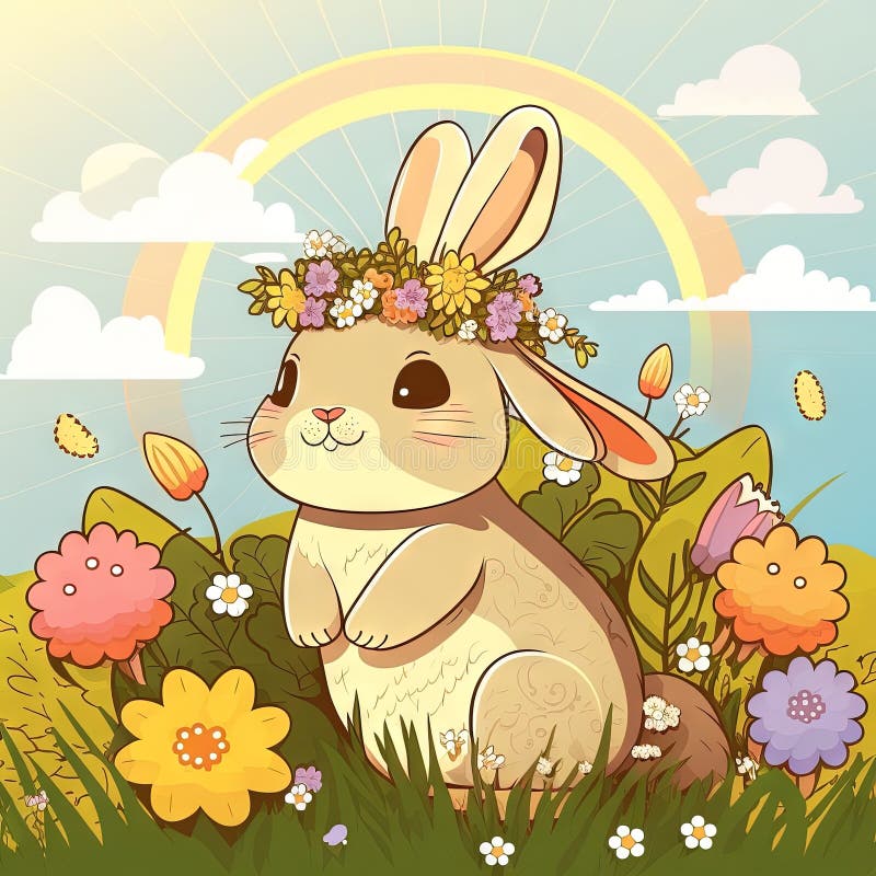 A Cartoon Bunny Sitting in the Grass with Flowers Around Its Head Stock ...
