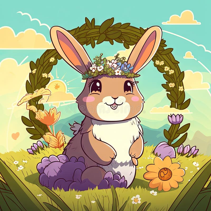 A Cartoon Bunny Sitting in the Grass with a Wreath on Its Head Stock ...