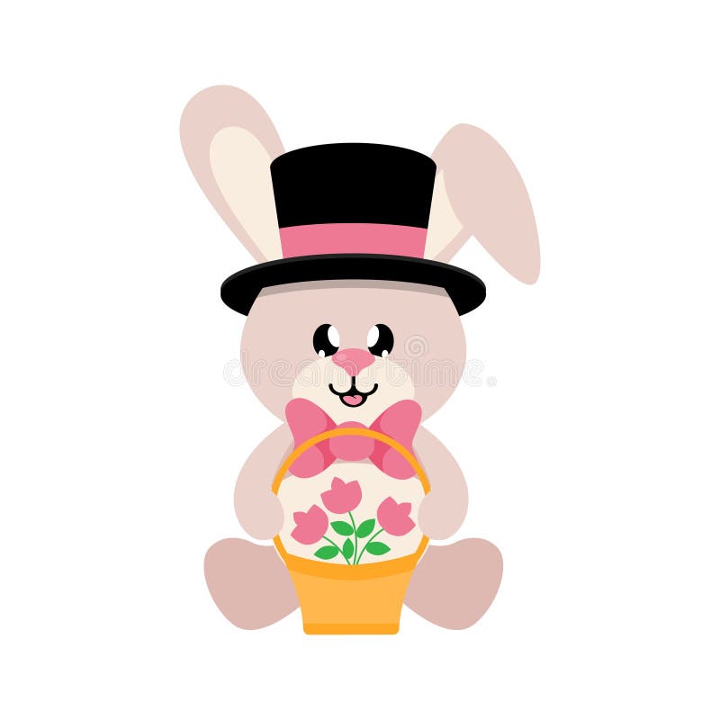 Cartoon Bunny Sitting with Hat and Basket and Flowers Stock Vector ...