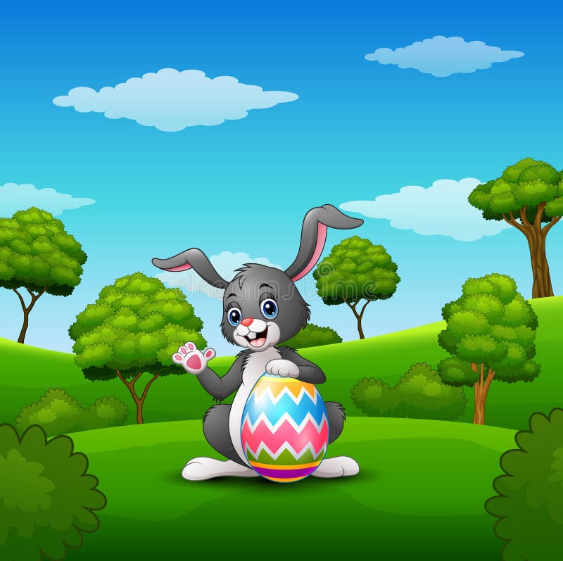 Cartoon Bunny Waving Hand with Holding Easter Eggs in the Park Stock ...