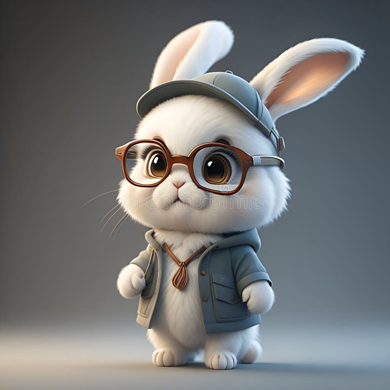 A Cartoon Bunny Wearing Glasses and a Hat on a White Background. 3d ...