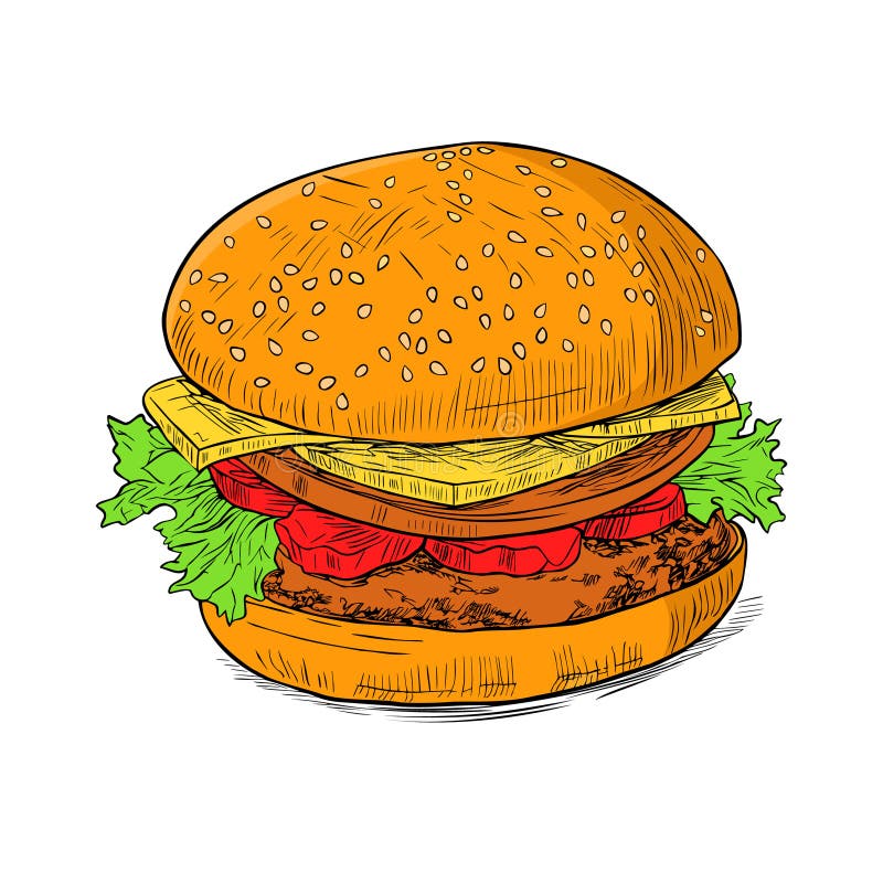 Cartoon Burger with Lettuce,Tomato and Cheese. Vector Hand Drawn ...