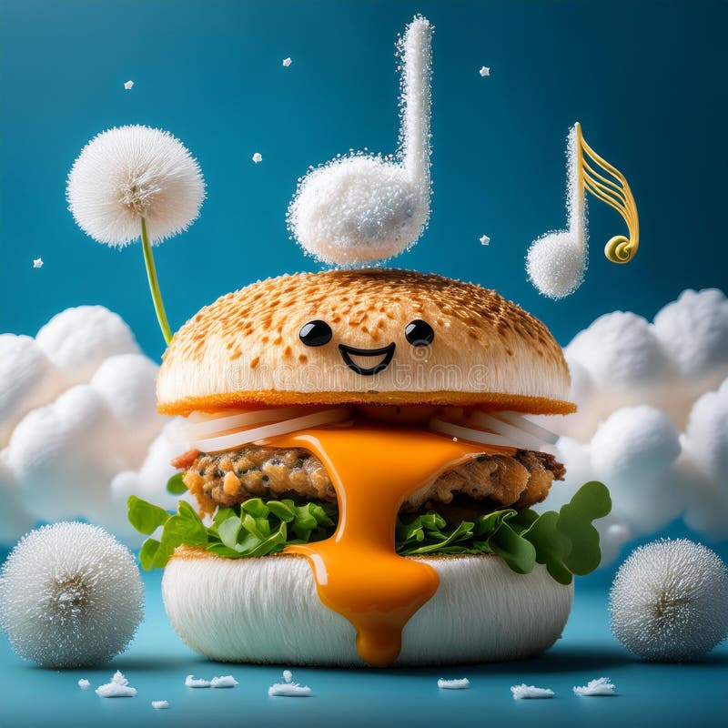 A Cartoon Burger with a Piece of Music on Top of it Stock Illustration ...