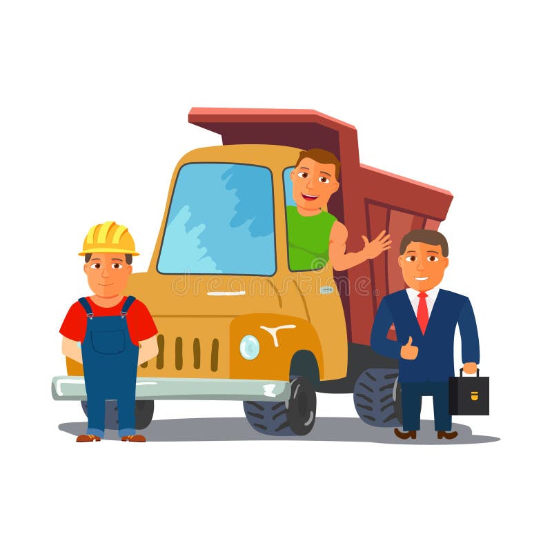 Cartoon Businesman with Truck Driver and Builder Characters ...
