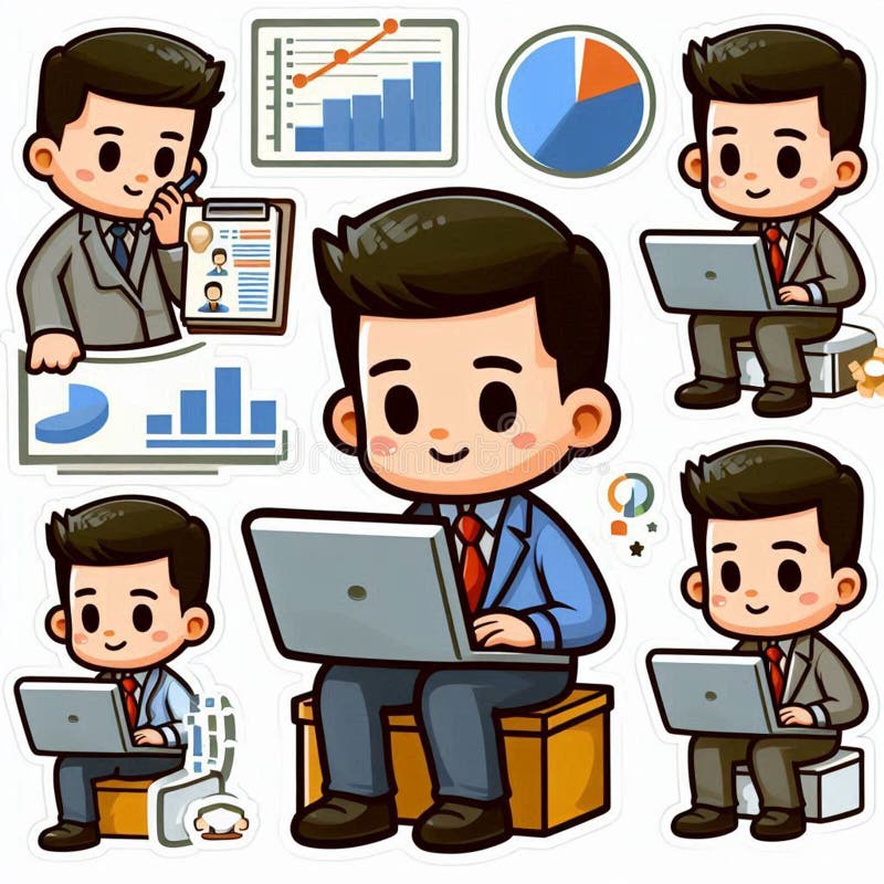 Cartoon Business Figures Working on Laptops and Documents Stock ...