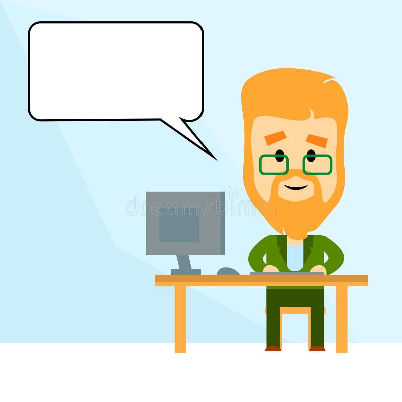 Cartoon Business Man Working at Computer Desktop Chat Bubble Stock ...