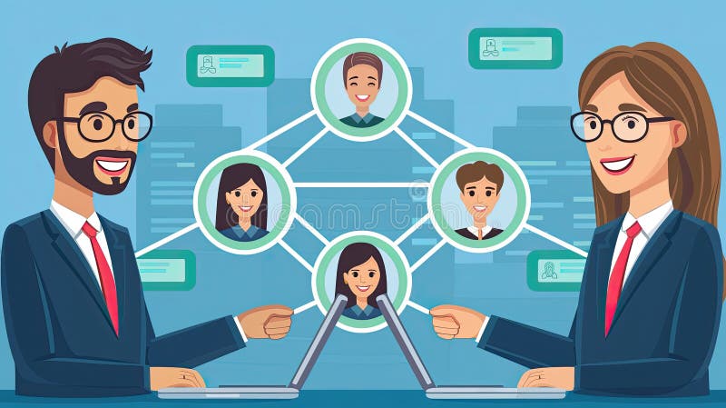 Cartoon of Business People Connected in a Networking Diagram. Stock ...