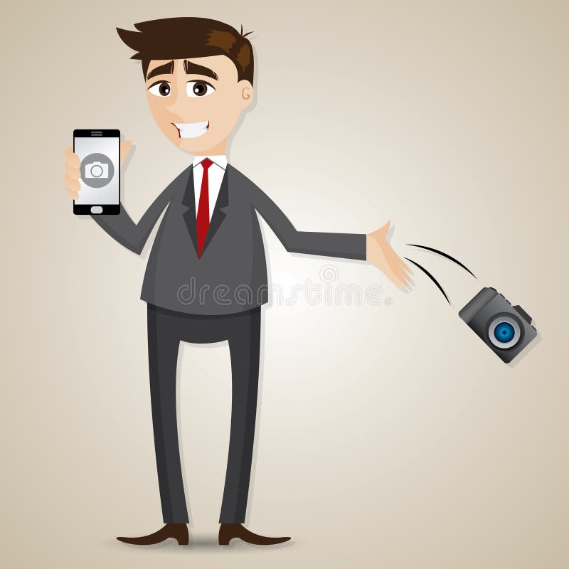 Cartoon Businessman Drop Camera and Showing Camera in Smartphone Stock ...