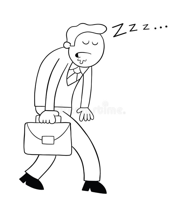 Cartoon Businessman Going To Work and Sleeping while Walking, Vector ...