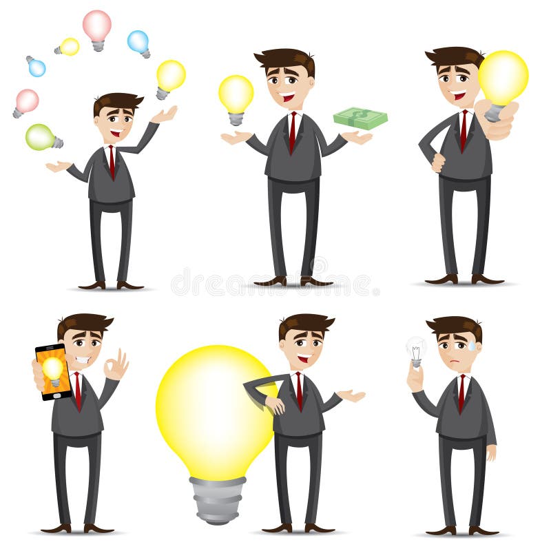 Cartoon Businessman with Idea Bulb Set Stock Vector - Illustration of ...