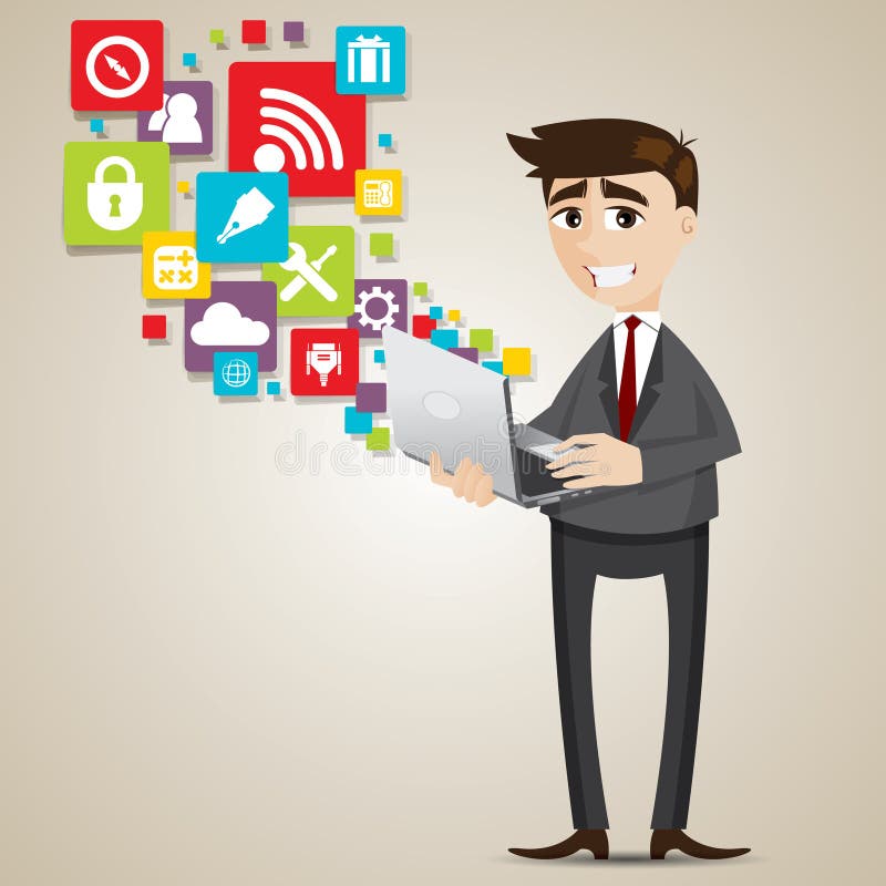 Cartoon Businessman with Laptop and Icon Stock Vector - Illustration of ...
