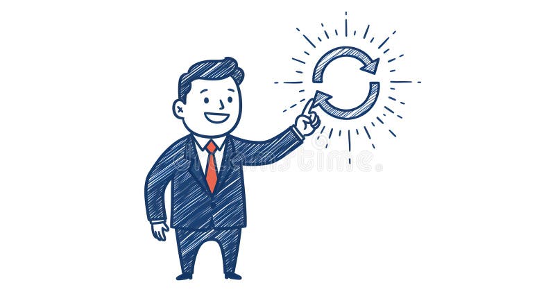 Cartoon Businessman Points To Refresh Icon Symbolizing Continuous ...