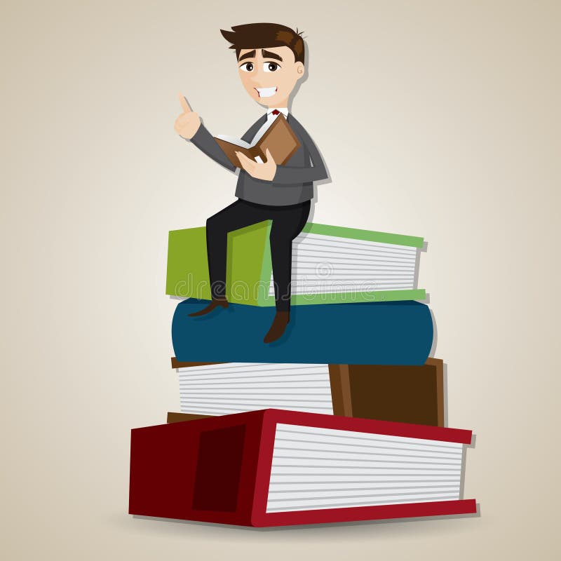 Cartoon Businessman Reading Book on Stack of Book Stock Vector ...