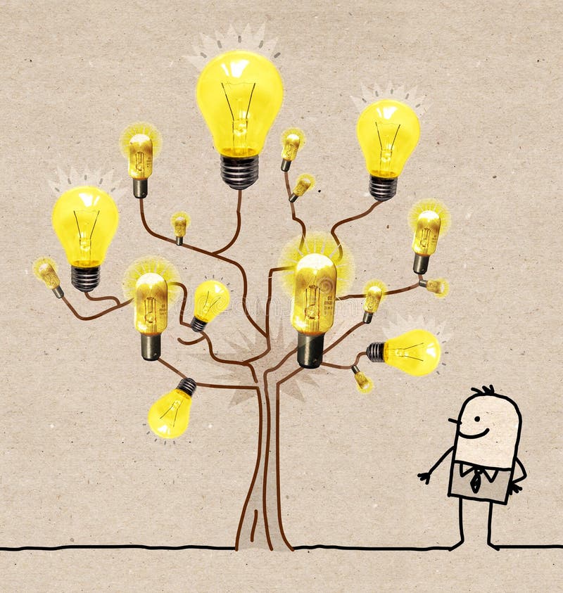 Cartoon Businessman Watching a Light Bulb Tree Stock Illustration ...