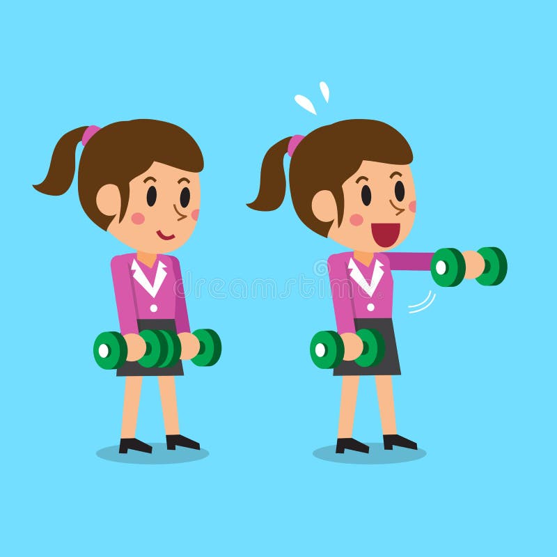 Cartoon Businesswoman Doing Front Dumbbell Raise Exercise Step Training ...