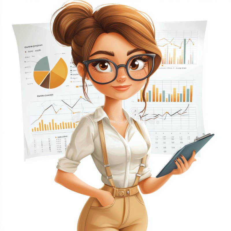 Cartoon Businesswoman Presenting Data with Charts and Graphs, Confident ...