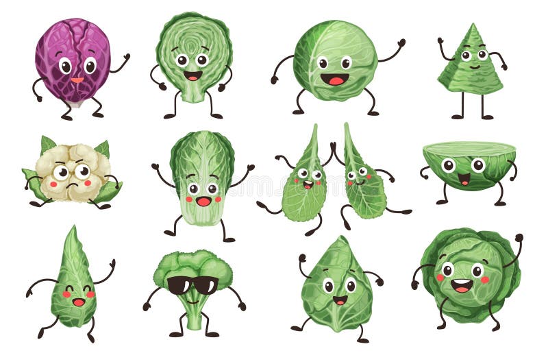 Cartoon Cabbage Characters. Vegetable Faces with Different Emotions ...
