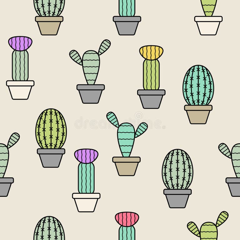 Cartoon Cacti, Seamless Pattern Stock Illustration - Illustration of ...
