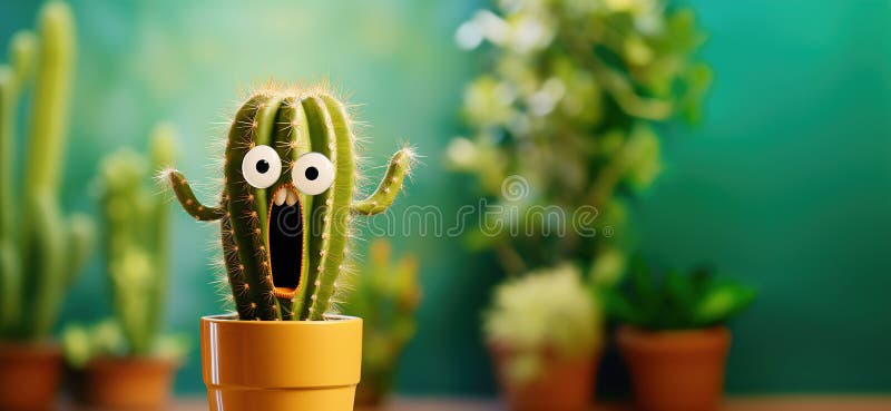 Cartoon Cactus Character with Surprised Funny Face Stock Image - Image ...