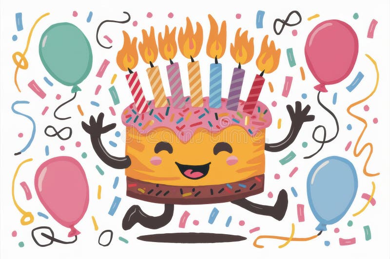 A Cartoon Cake with Candles and Balloons Flying Around it, AI Stock ...