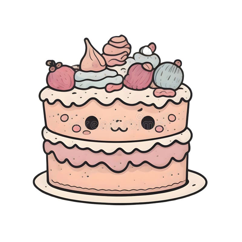 A Cartoon of a Cake with a Face and a Smiley Face. a Cartoon Drawing of ...