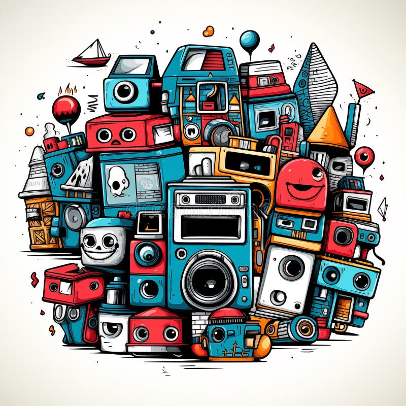 Cartoon Camera Surrounded by Electronics Stock Illustration ...