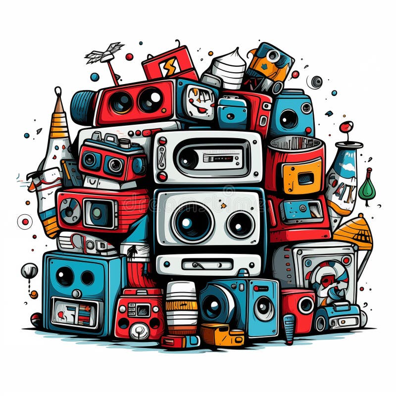 Cartoon Camera Surrounded by Electronics Stock Illustration ...