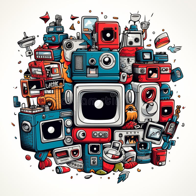 Cartoon Camera Surrounded by Electronics Stock Illustration ...