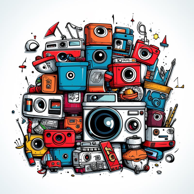 Cartoon Camera Surrounded by Electronics Stock Illustration ...