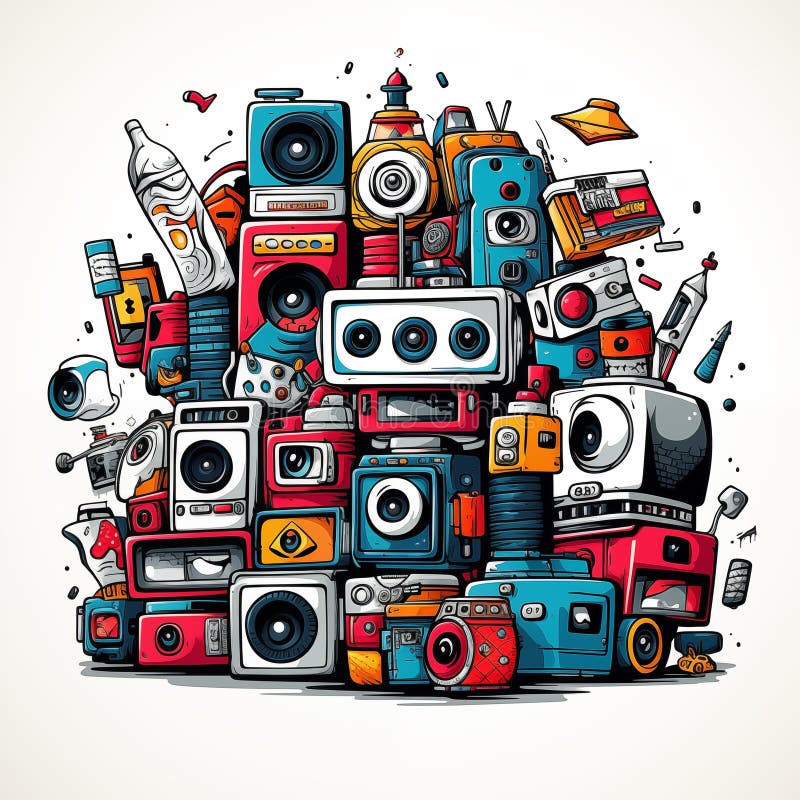 Cartoon Camera Surrounded by Electronics.Doodle Style Stock ...