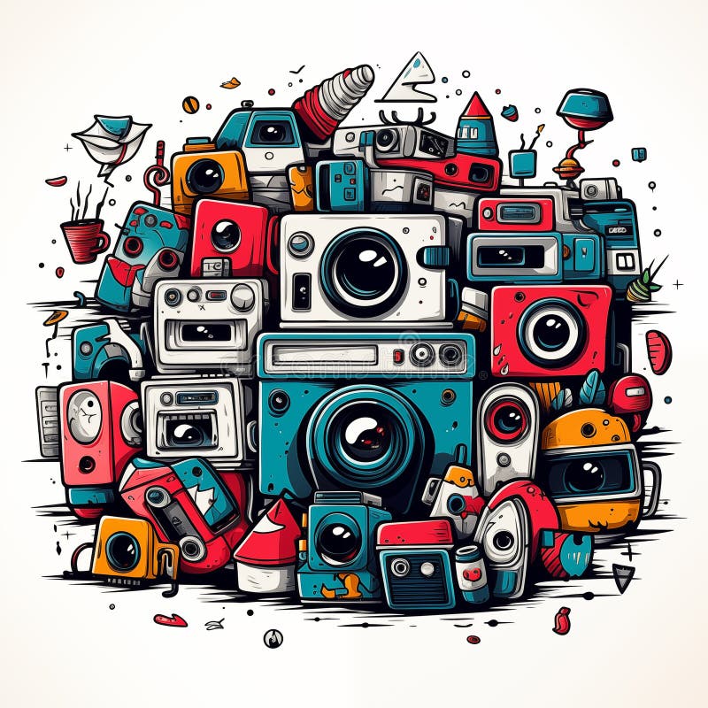 Cartoon Camera Surrounded by Electronics.Doodle Style Stock ...