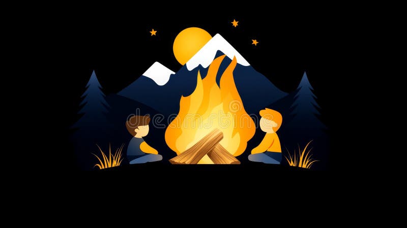 Cartoon Campfire Scene with Two Kids Under Night Sky with Mountains ...