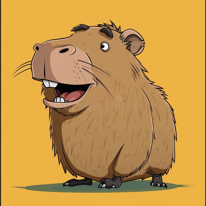 Cartoon Capybara with a Big Smile Against a Bright Yellow Background ...