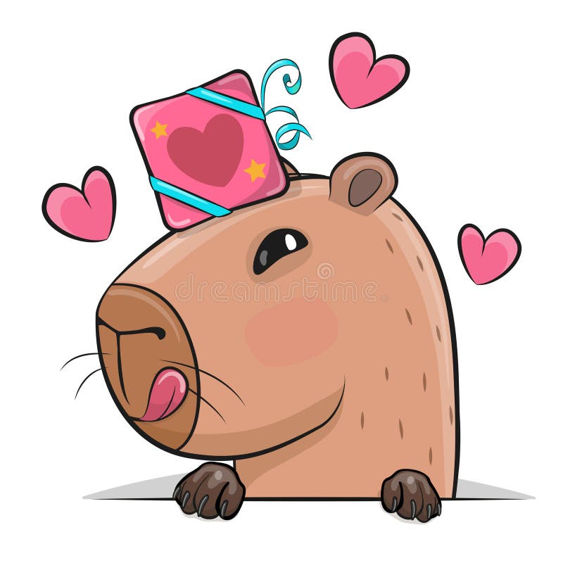 Cartoon Capybara with Gift and Hearts Isolated in a White Background ...