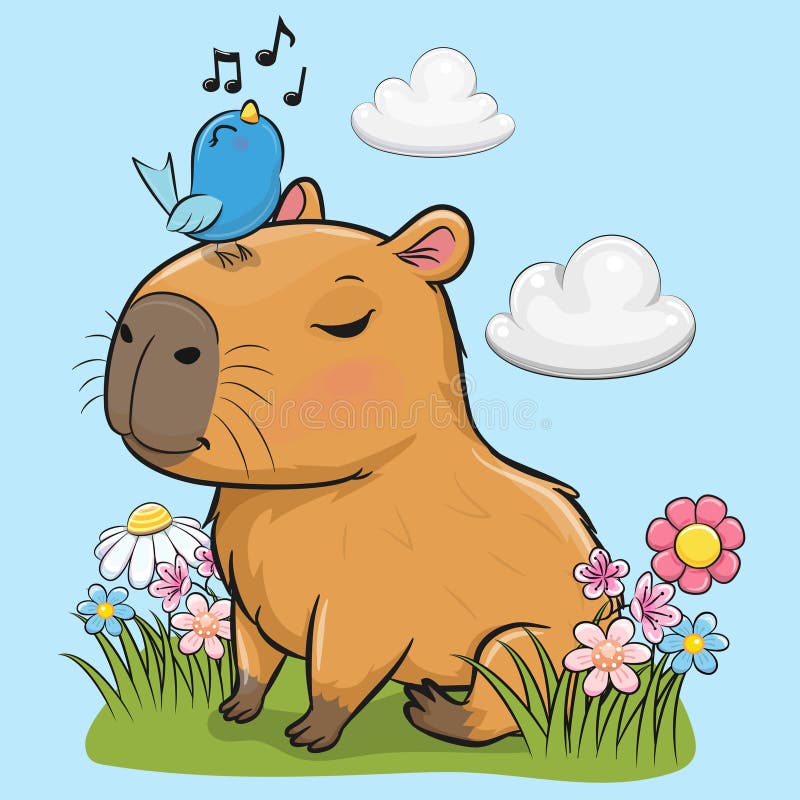 Cartoon Capybara on the Neadow with Bird Stock Vector - Illustration of ...