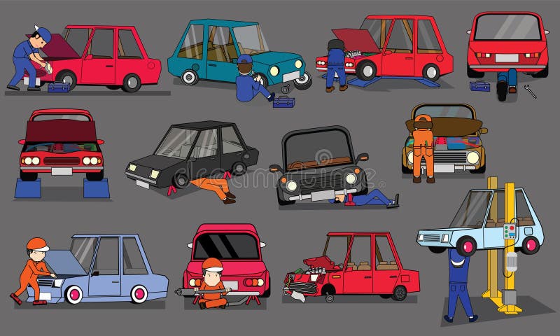 Cartoon Car Mechanics at Work Set Stock Illustration - Illustration of ...