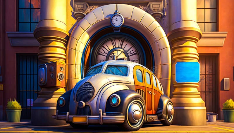 Cartoon Car is Parked in Front of Building. Generative AI Stock ...