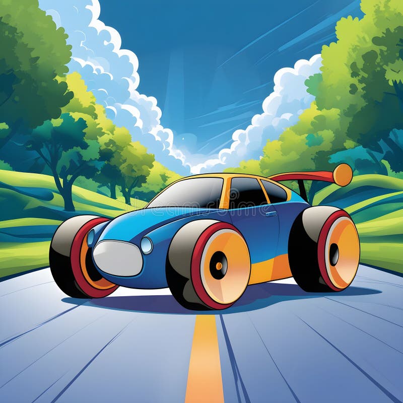 Cartoon Car with Cartoon Trees, Road, Clouds, Sky Stock Illustration ...
