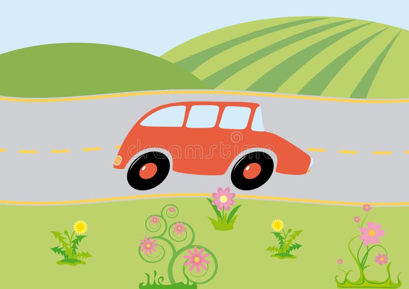 Cartoon car on-the-way stock vector. Illustration of road - 9441762