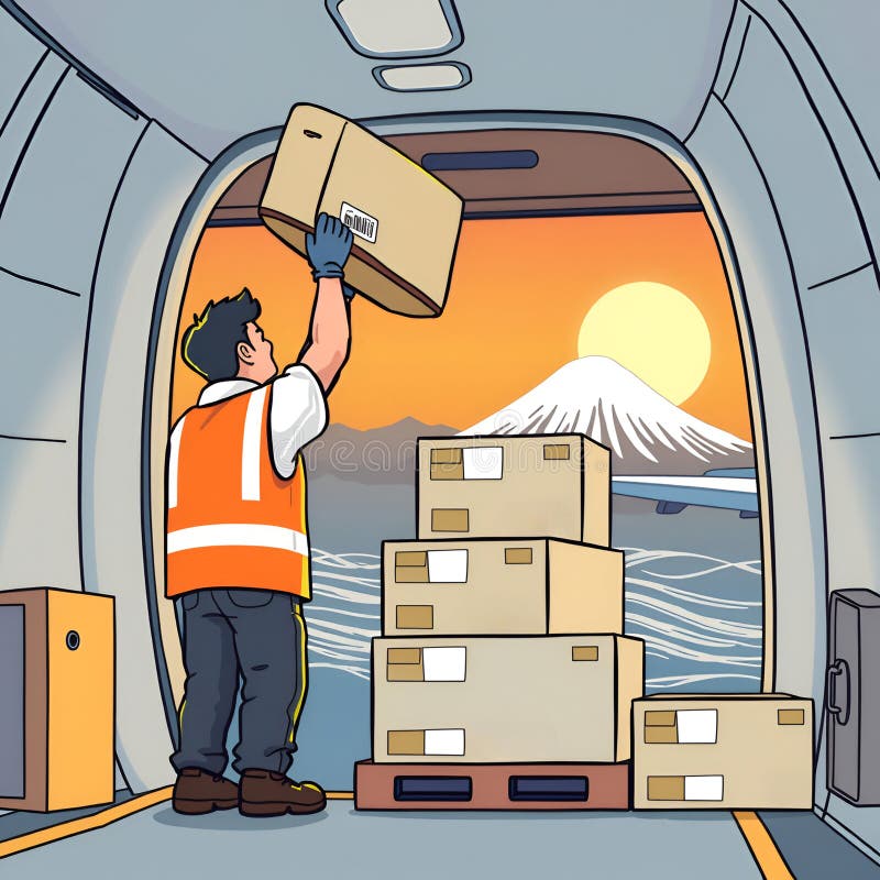 Cartoon Cargo Worker Loading Packages into an Airplane with Mountain ...