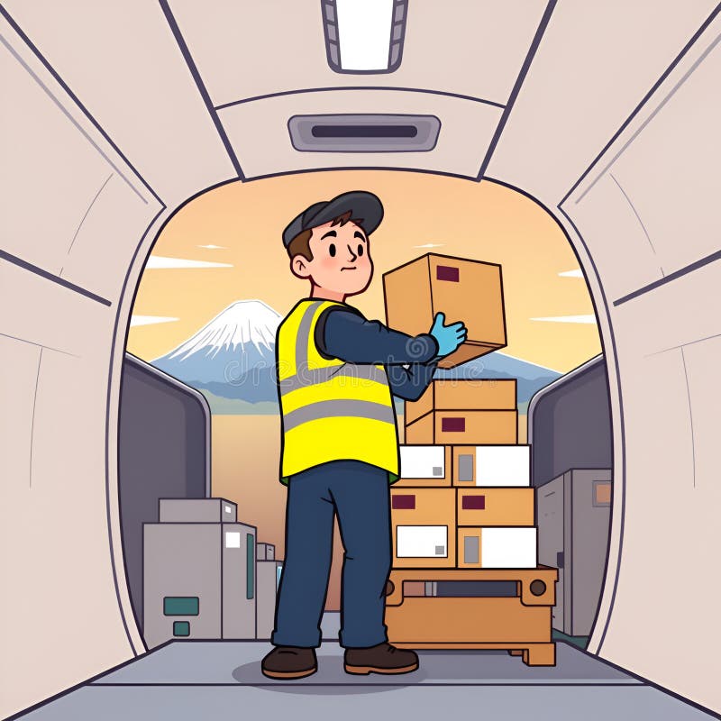 Cartoon Cargo Worker Loading Packages into an Airplane with Mountain ...