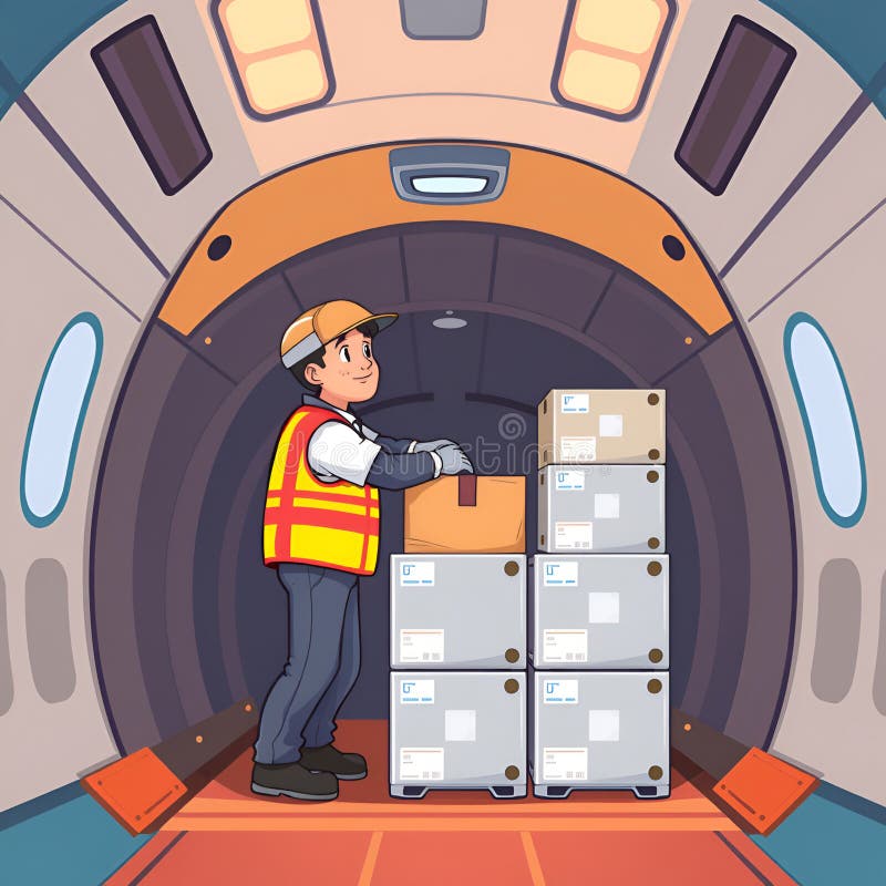 Cartoon Cargo Worker Loading Packages into an Airplane with Mountain ...