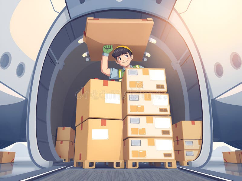Cartoon Cargo Worker Loading Packages into an Airplane with Mountain ...