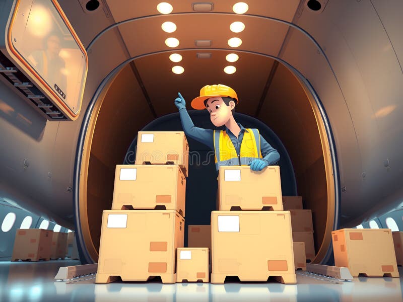 Cartoon Cargo Worker Loading Packages into an Airplane with Mountain ...